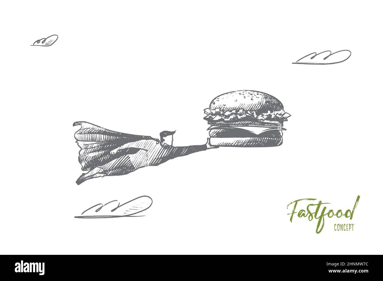 Fastfood concept. Hand drawn superhero with tasty hamburger in his hand ...