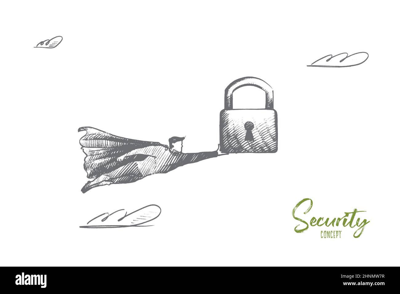 Security concept. Hand drawn superhero with big lock in his hand ...