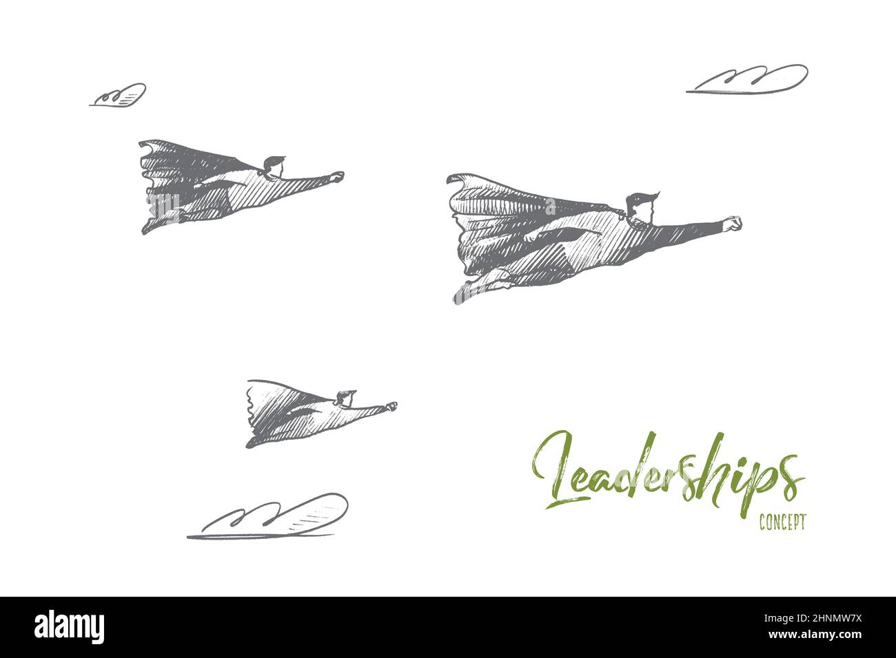Leaderships concept. Hand drawn superhero as leader of team. Flying ...