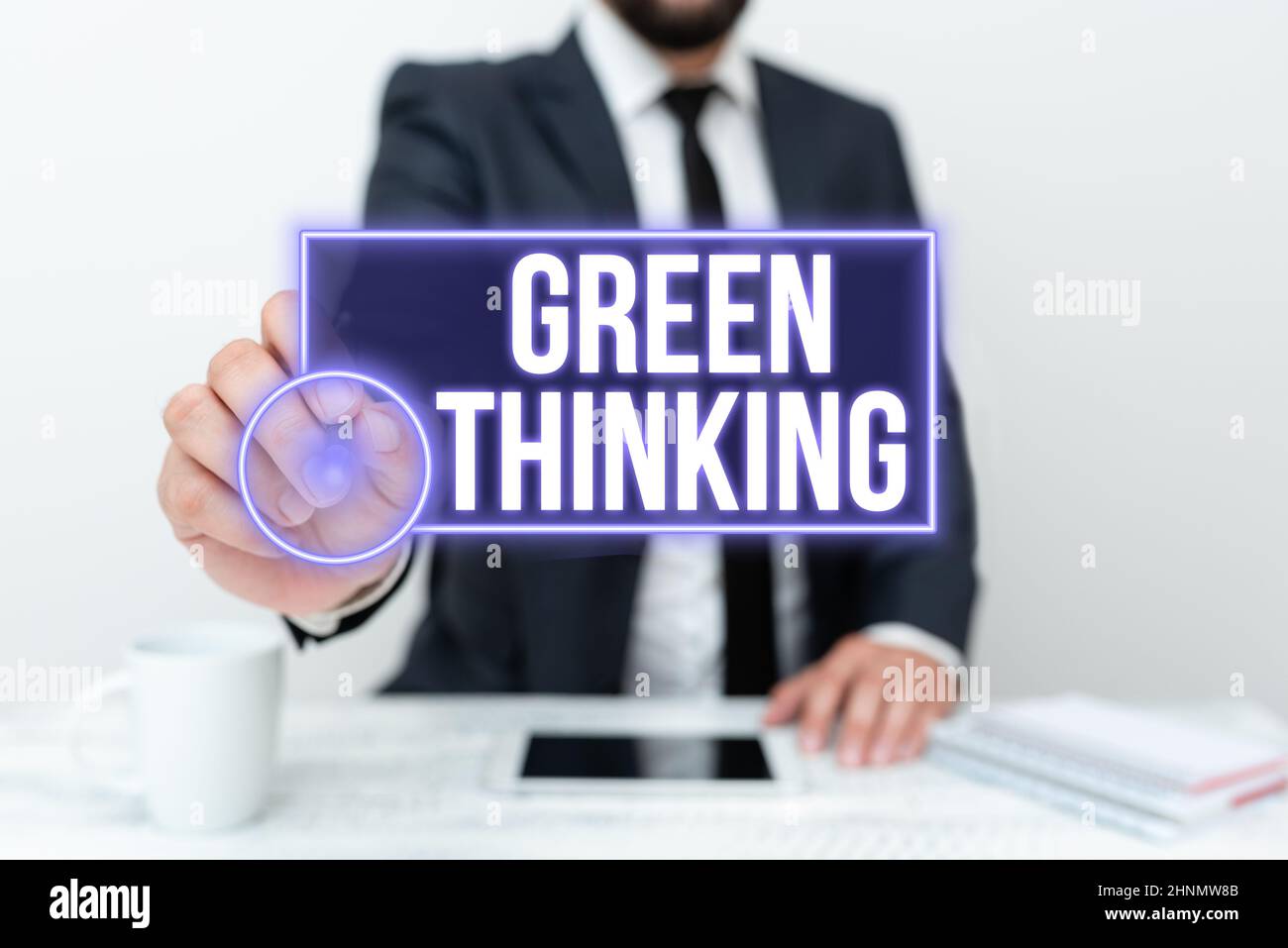 Text caption presenting Green Thinking, Business approach Taking ction ...