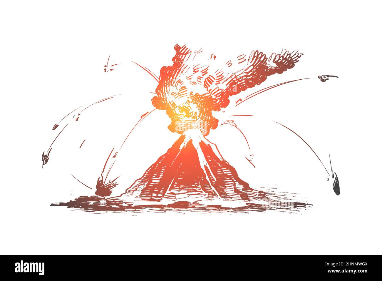Volcanic eruption concept. Hand drawn volcano activity with magma and ...
