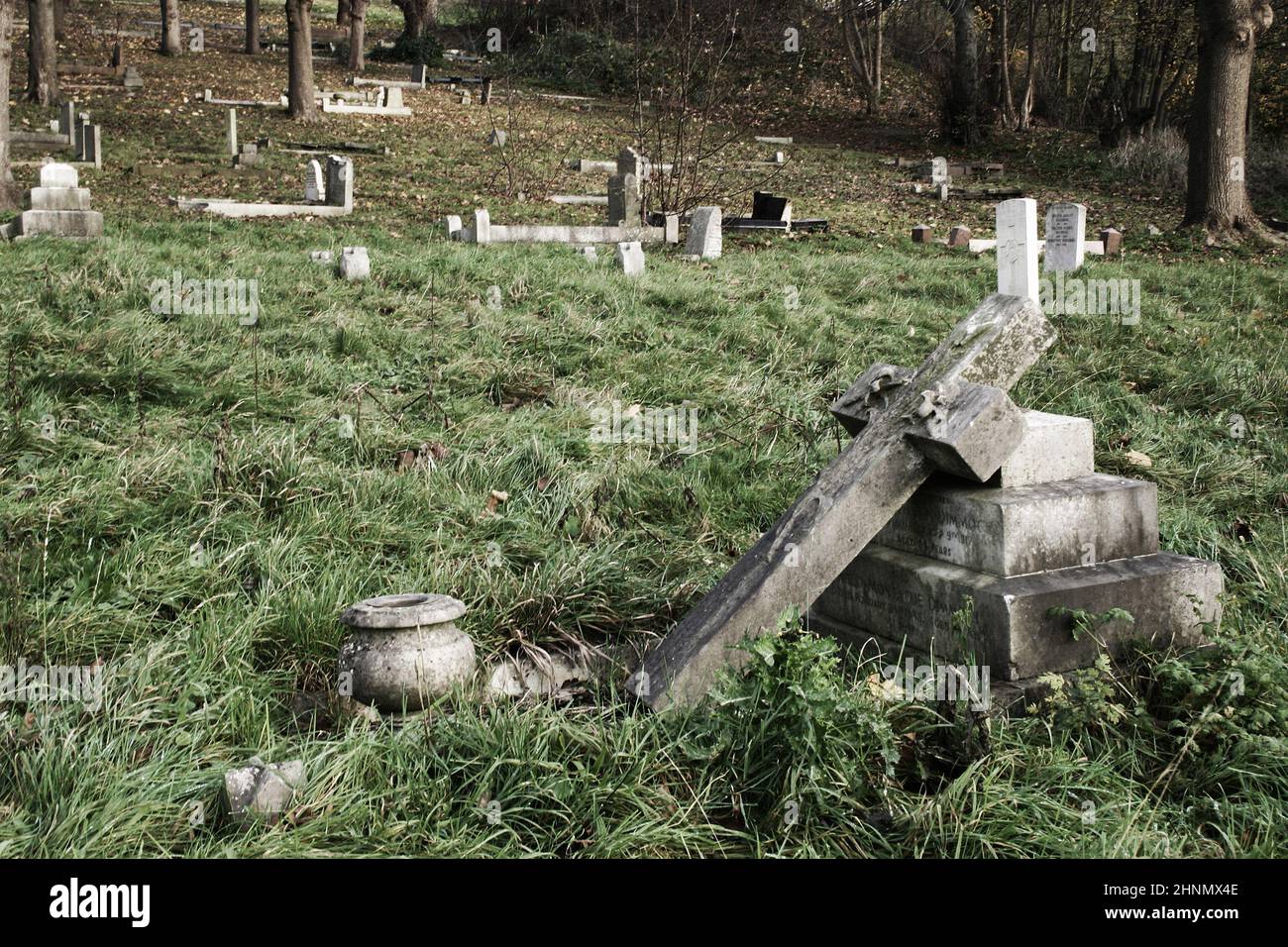 Deserted overgrown graveyard with grey stone headstones Stock Photo - Alamy