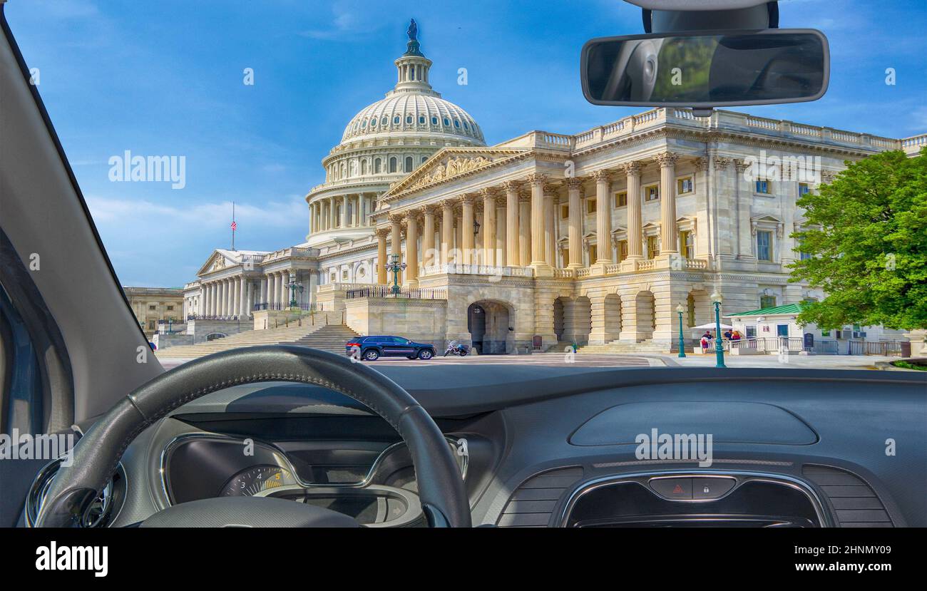 Windshield view of United States Capitol building, Washington DC, USA ...
