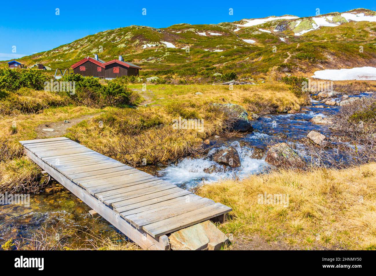 Small wooden bridge and footpath over river,n Hemsedal, Norway Stock ...