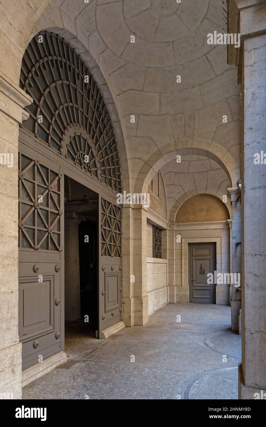LYON, FRANCE, February 15, 2022 : Backdoor and corridor in the building ...