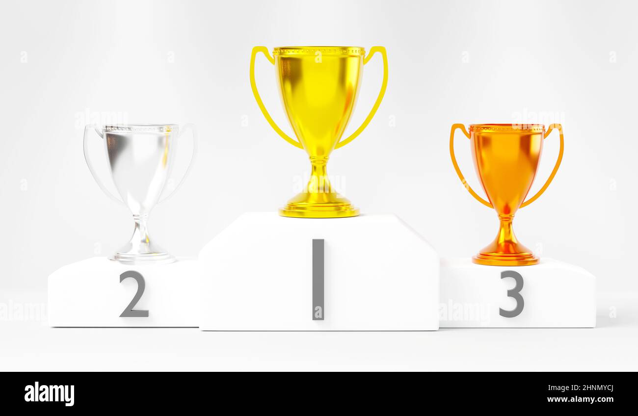 White winner podium, gold, silver and bronze trophy cup on prize podium ...