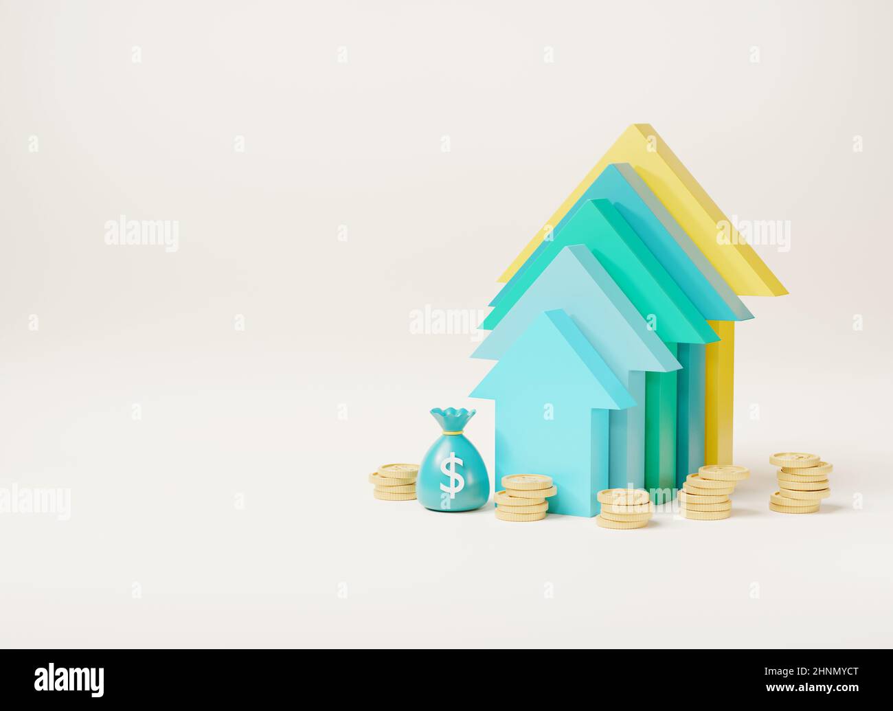 Arrow up bar graph increase, and coin stacks, money bag and dollar ...