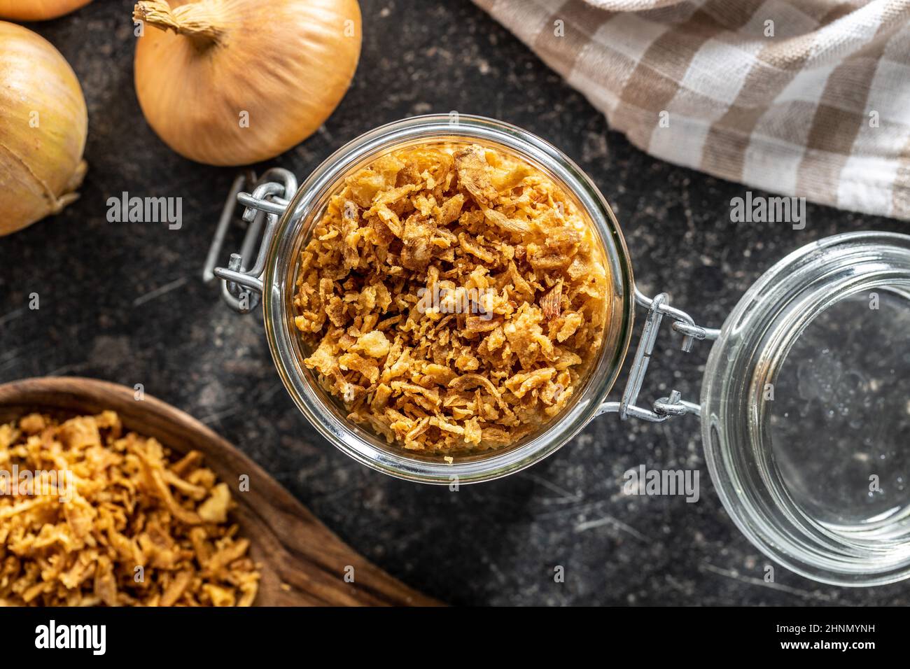 Pieces of fried onions in jar. Top view Stock Photo - Alamy