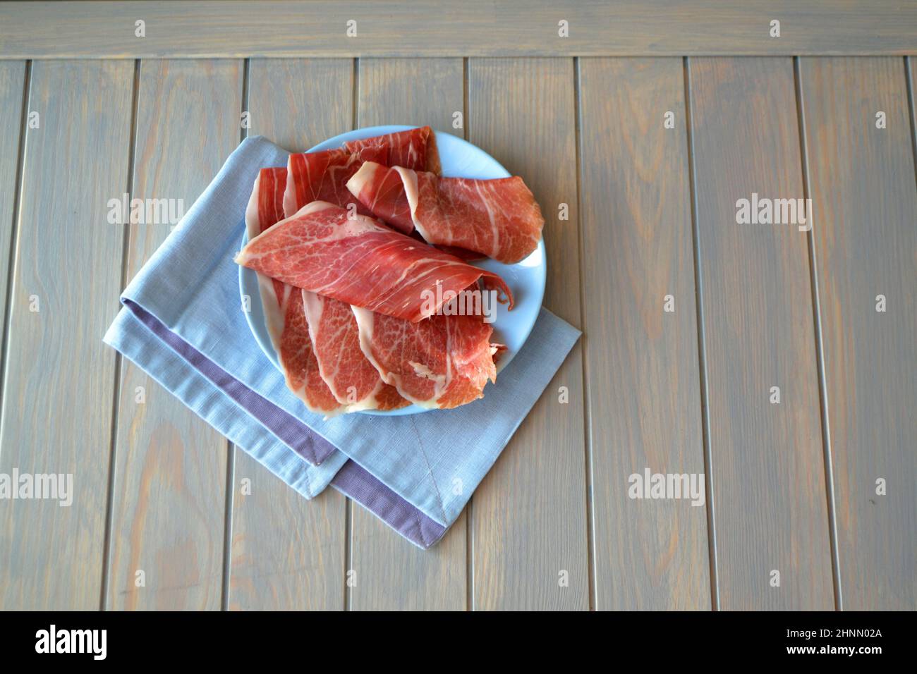 Pressed marbled meat cut in thin slices, fresh cold sliced bacon Stock ...