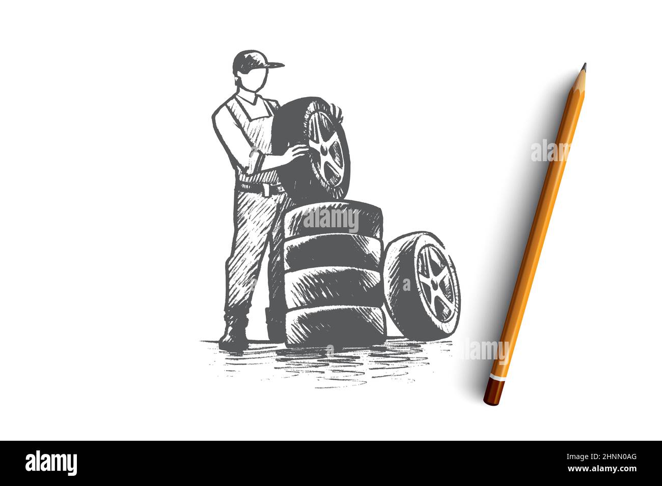 Car service concept. Hand drawn worker repairing car tire, auto parts ...