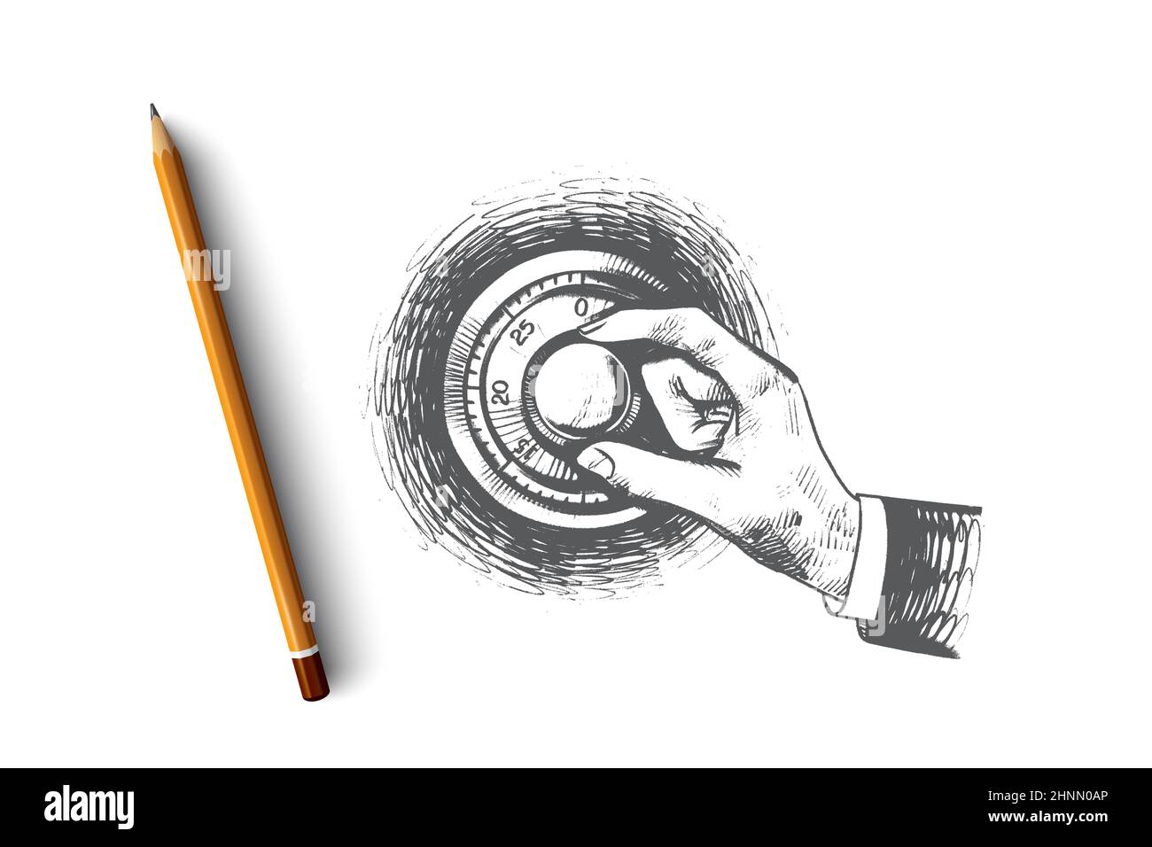 Security concept. Hand drawn metal safe with human hand. Combination ...