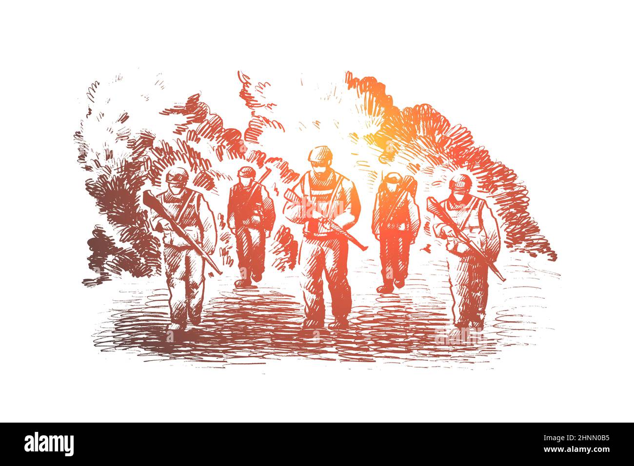 War concept. Hand drawn soldiers fighting at war. Battle scene isolated ...