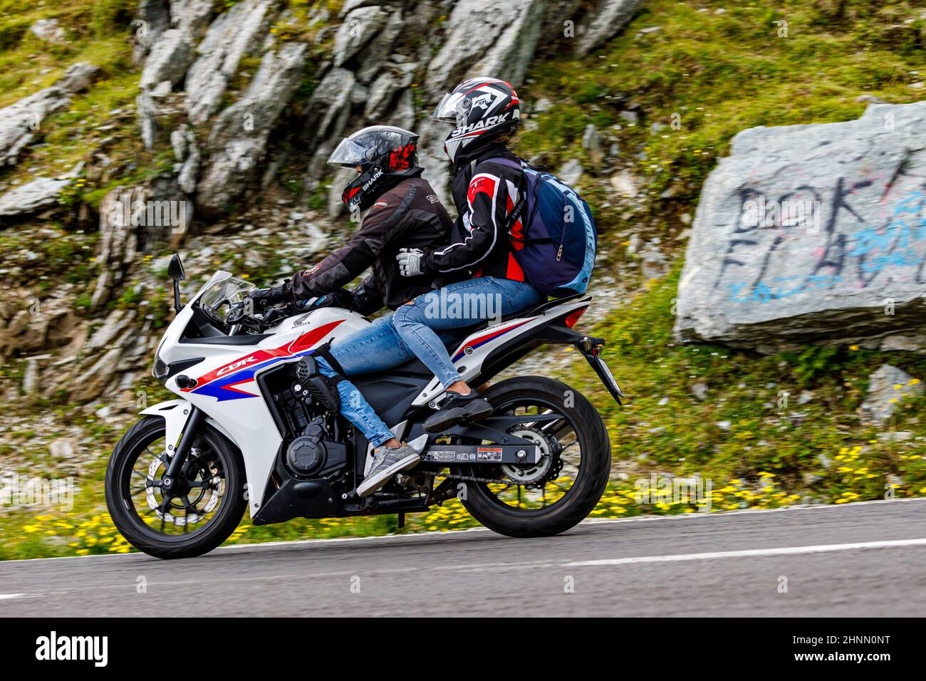 motorcycle on the transfaragasan road in romania, August 11, 2021 Stock ...