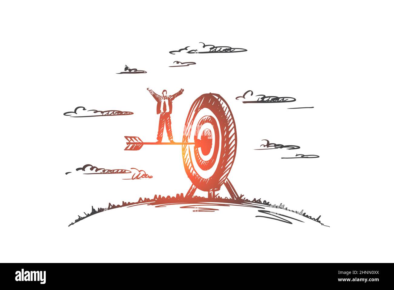 Achieve concept. Hand drawn arrow hitting in the target center of ...
