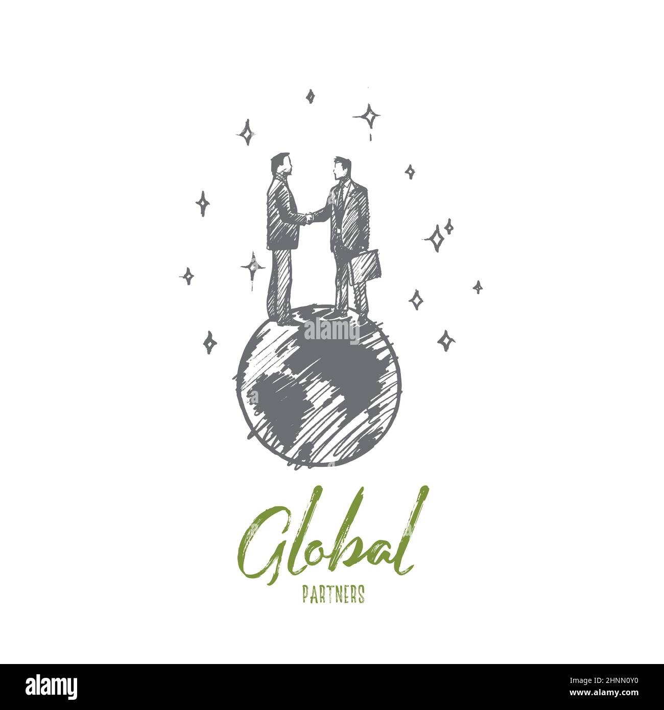 Global partners concept. Hand drawn businessmen shaking hands standing ...