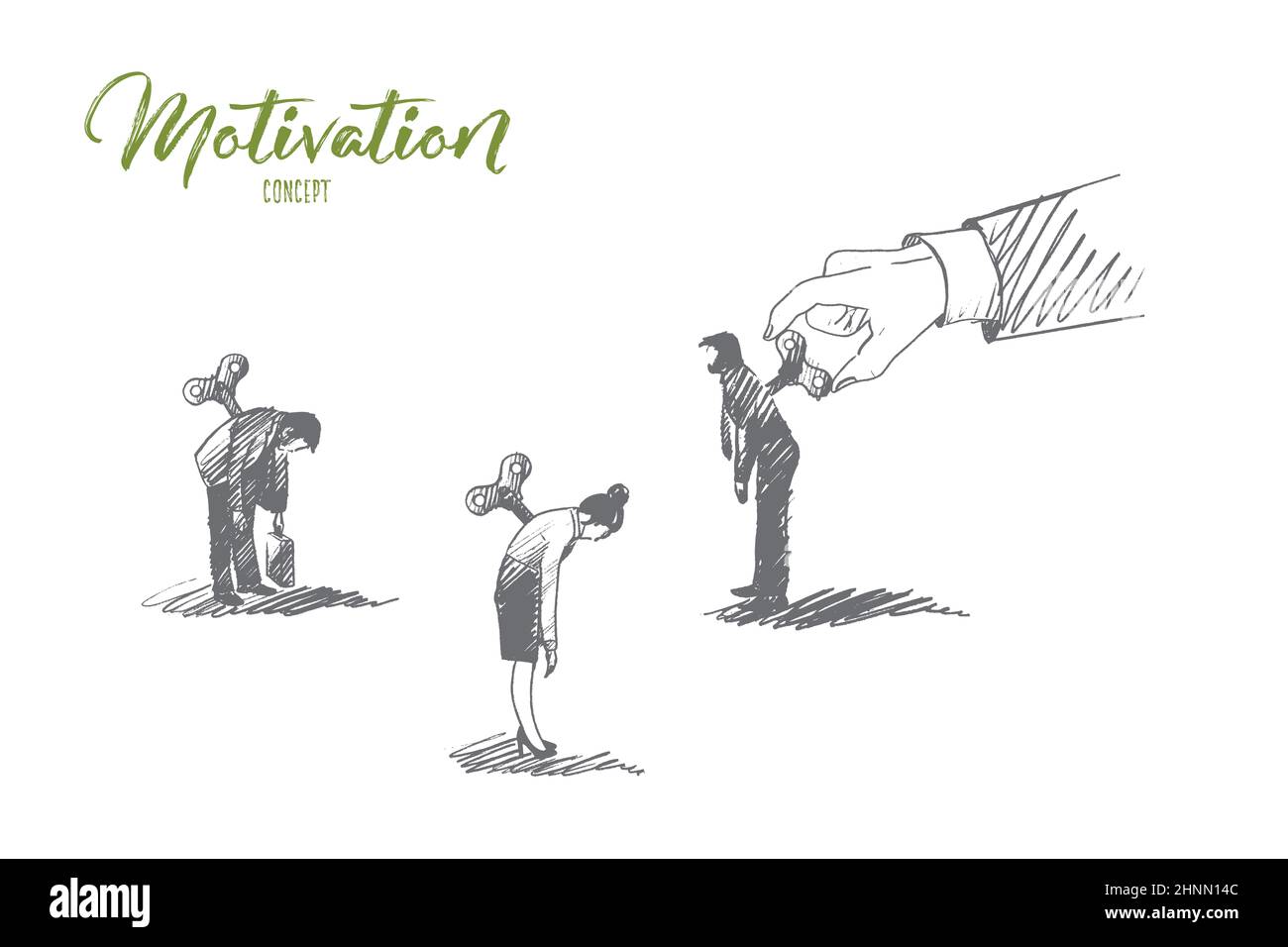 Motivation concept. Hand drawn people who need motivation. One man ...