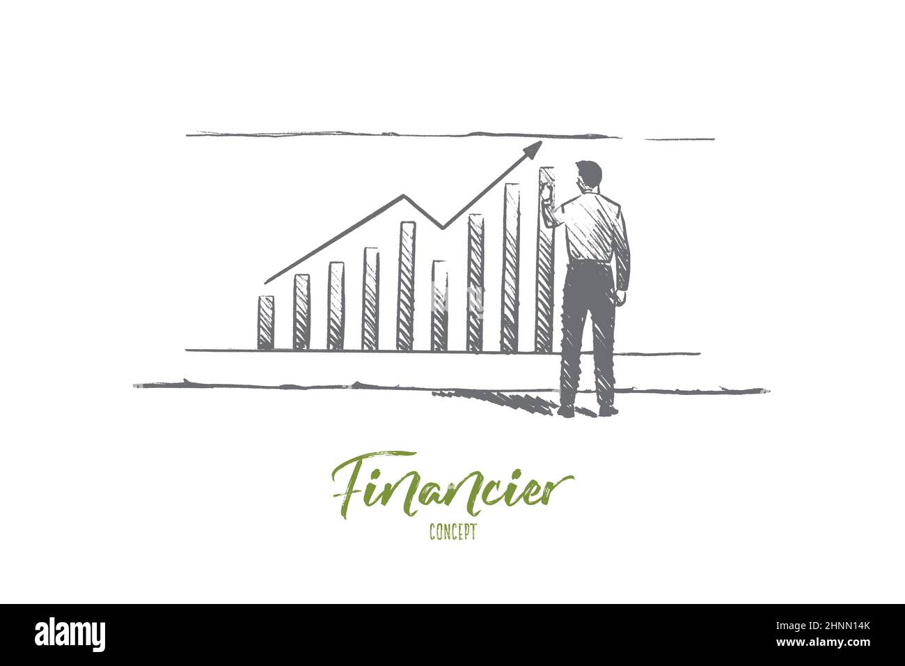 Financier concept. Hand drawn businessman builds graphics. Male finane ...