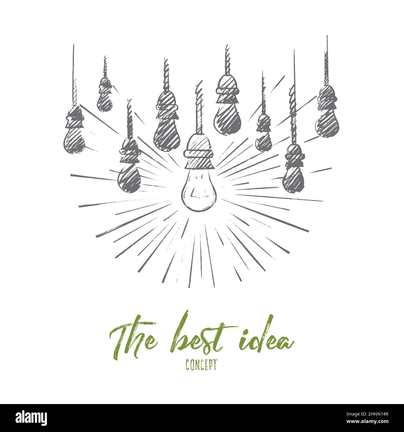 The best idea concept. Hand drawn lamps, one of them is shining ...