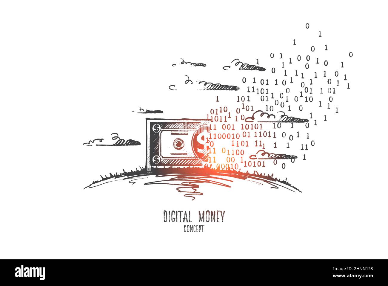 Digital money concept. Hand drawn symbol of virtual money. Banknote ...
