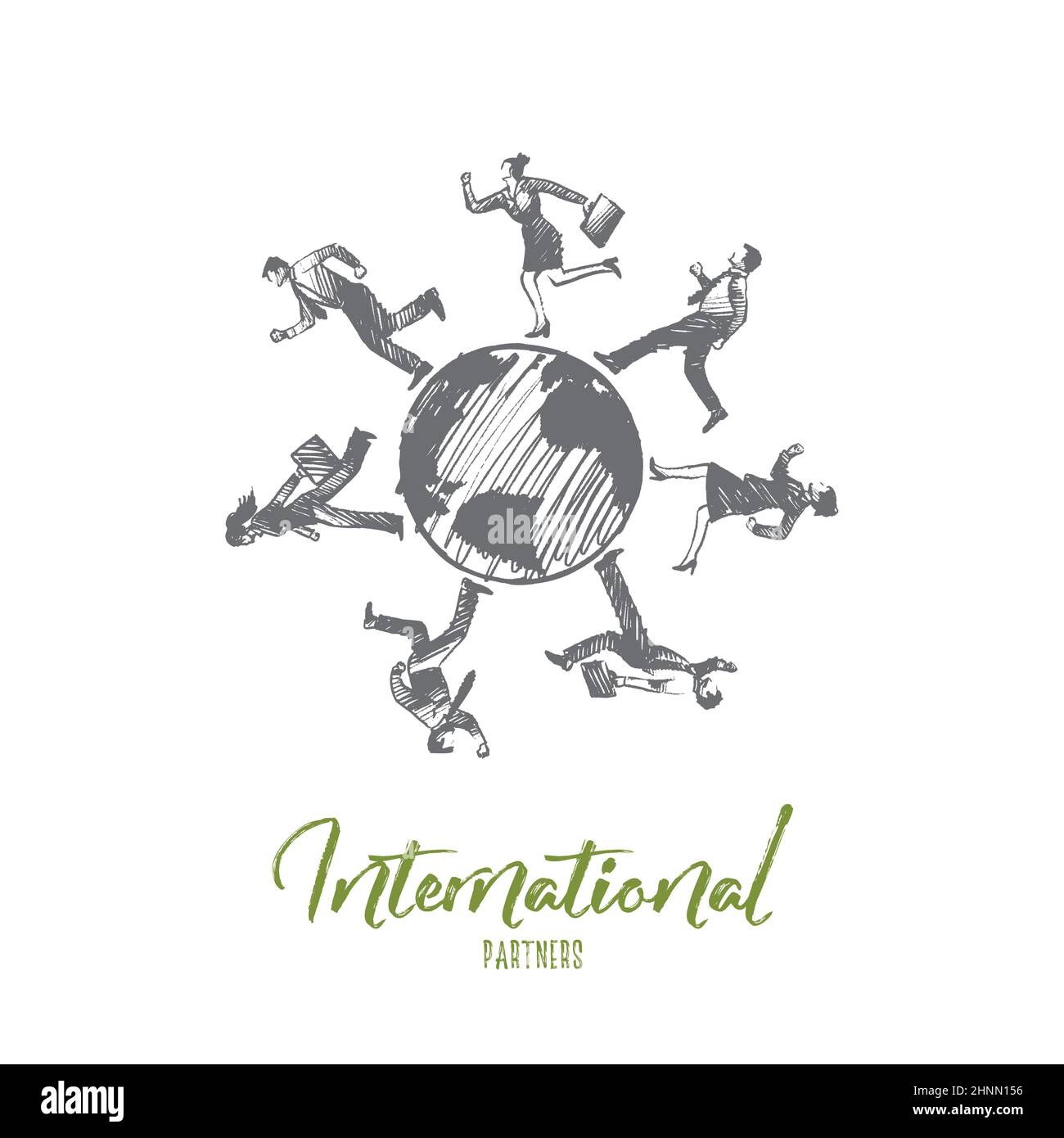 Internationl partners concept. Hand drawn businessmen all over the ...