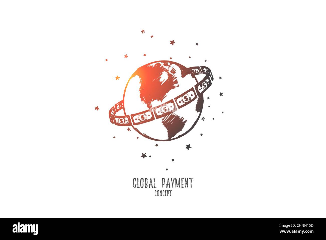 Global payment concept. Hand drawn cash banknotes around the world ...