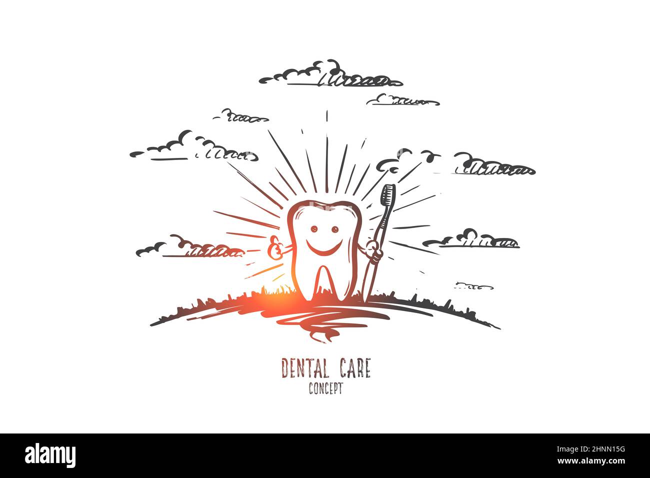 Dental care concept. Hand drawn human teeth with happy smile. Tooth ...