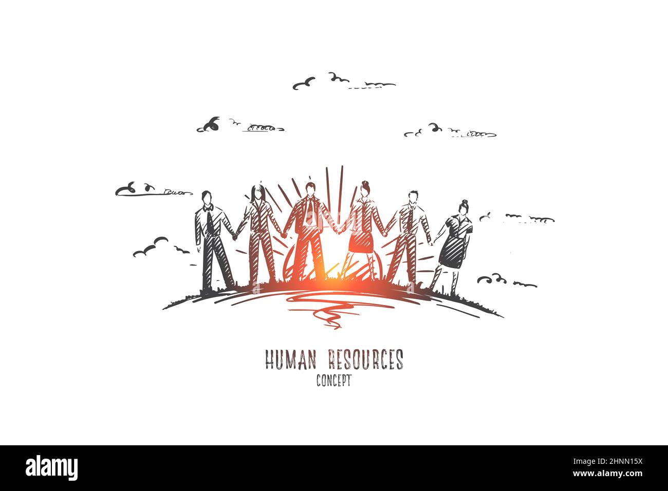 Human resources concept. Hand drawn male and female persons holding ...