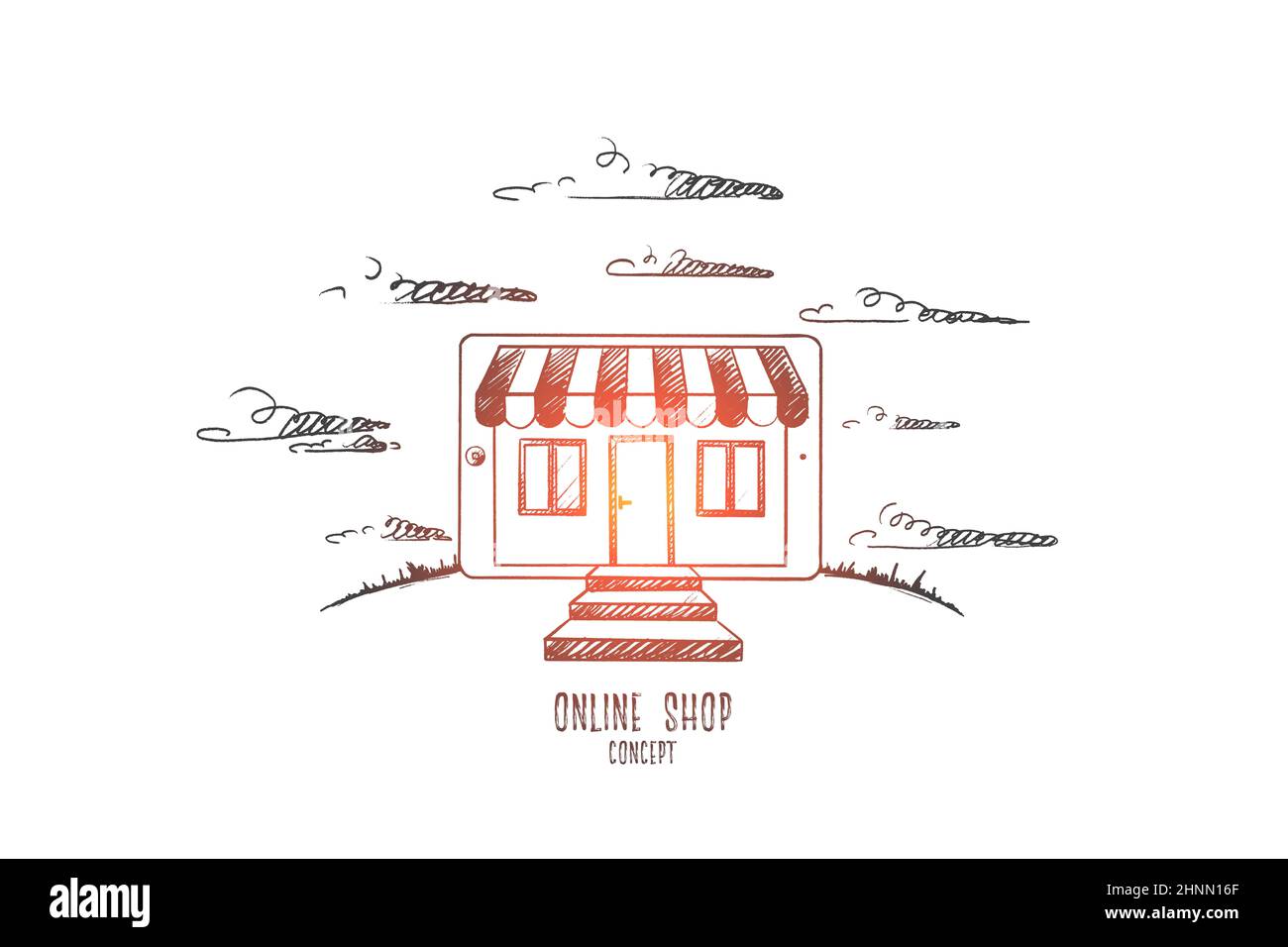 Online shop concept. Hand drawn shop on tablet screen. Online shopping ...