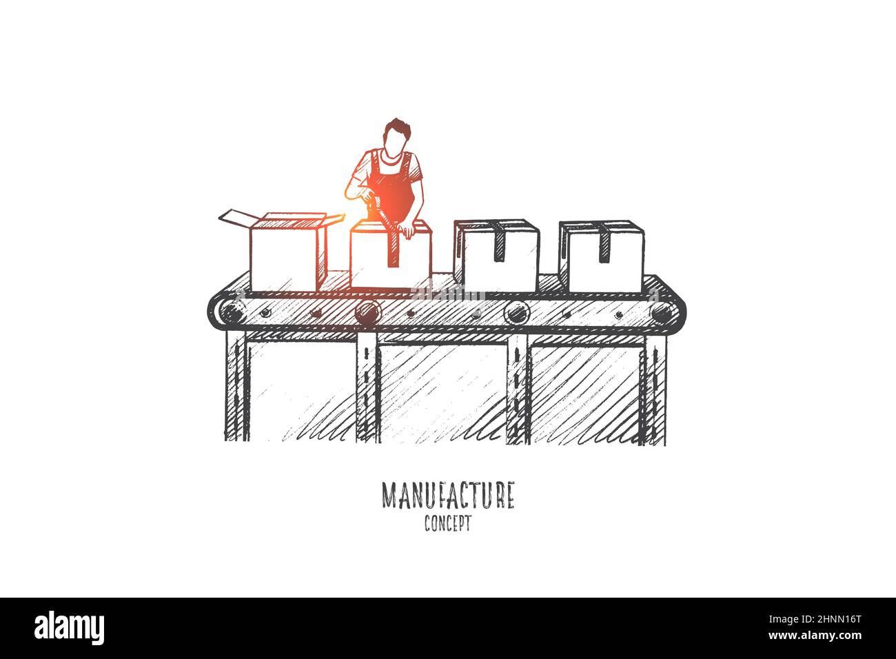 Manufacture concept. Hand drawn man working on factory line production ...