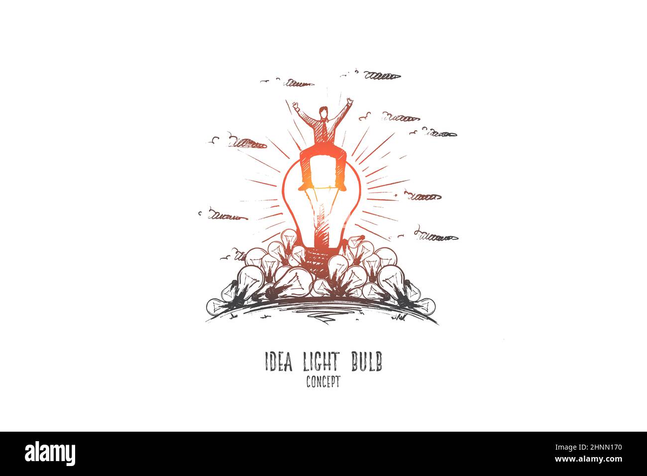 Idea light bulb concept. Hand drawn businessman sitting on light bulb ...