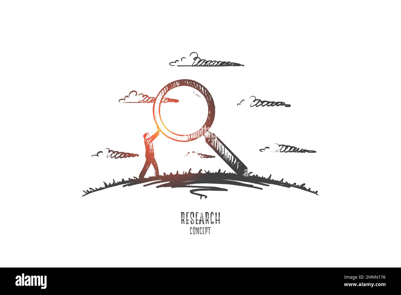 Research concept. Hand drawn man with magnifier as symbol of ...