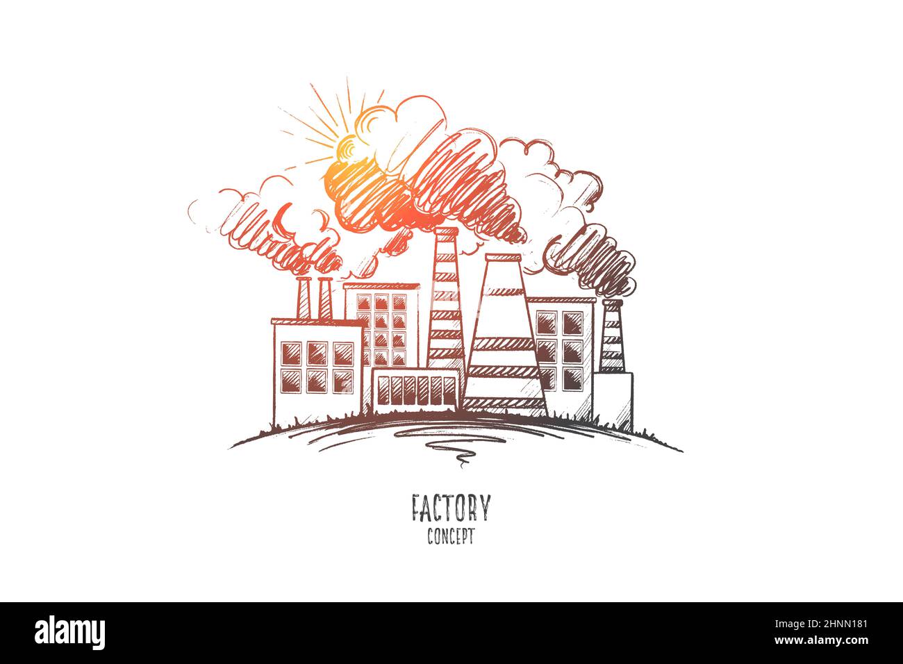 Factory concept. Hand drawn chemical plant urban landscape. Modern ...
