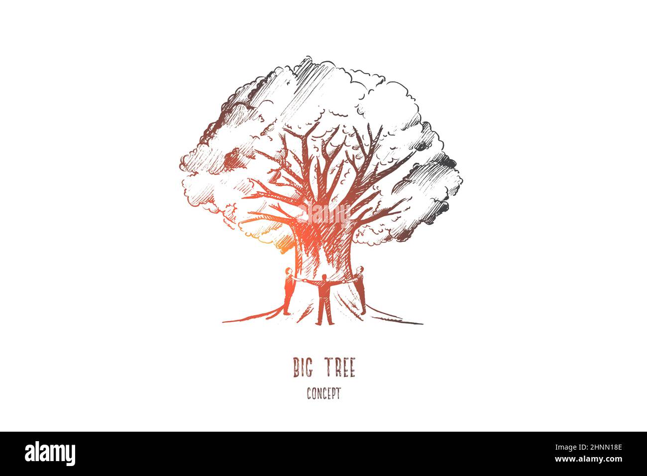 Big tree concept. Hand drawn people around big tree. Isolated vector ...