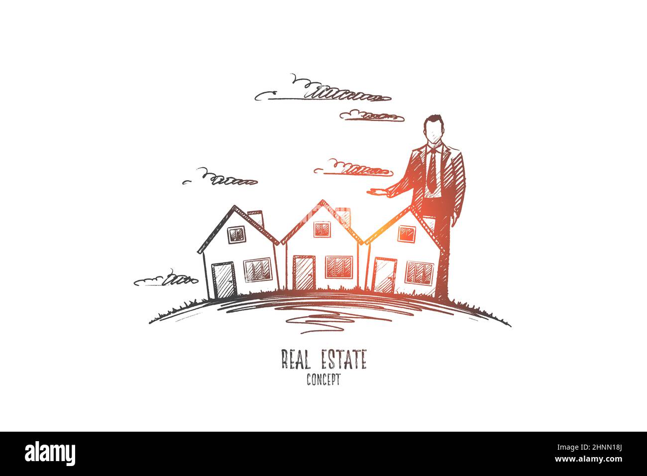 Real estate concept. Hand drawn man near houses. Modern apartments ...