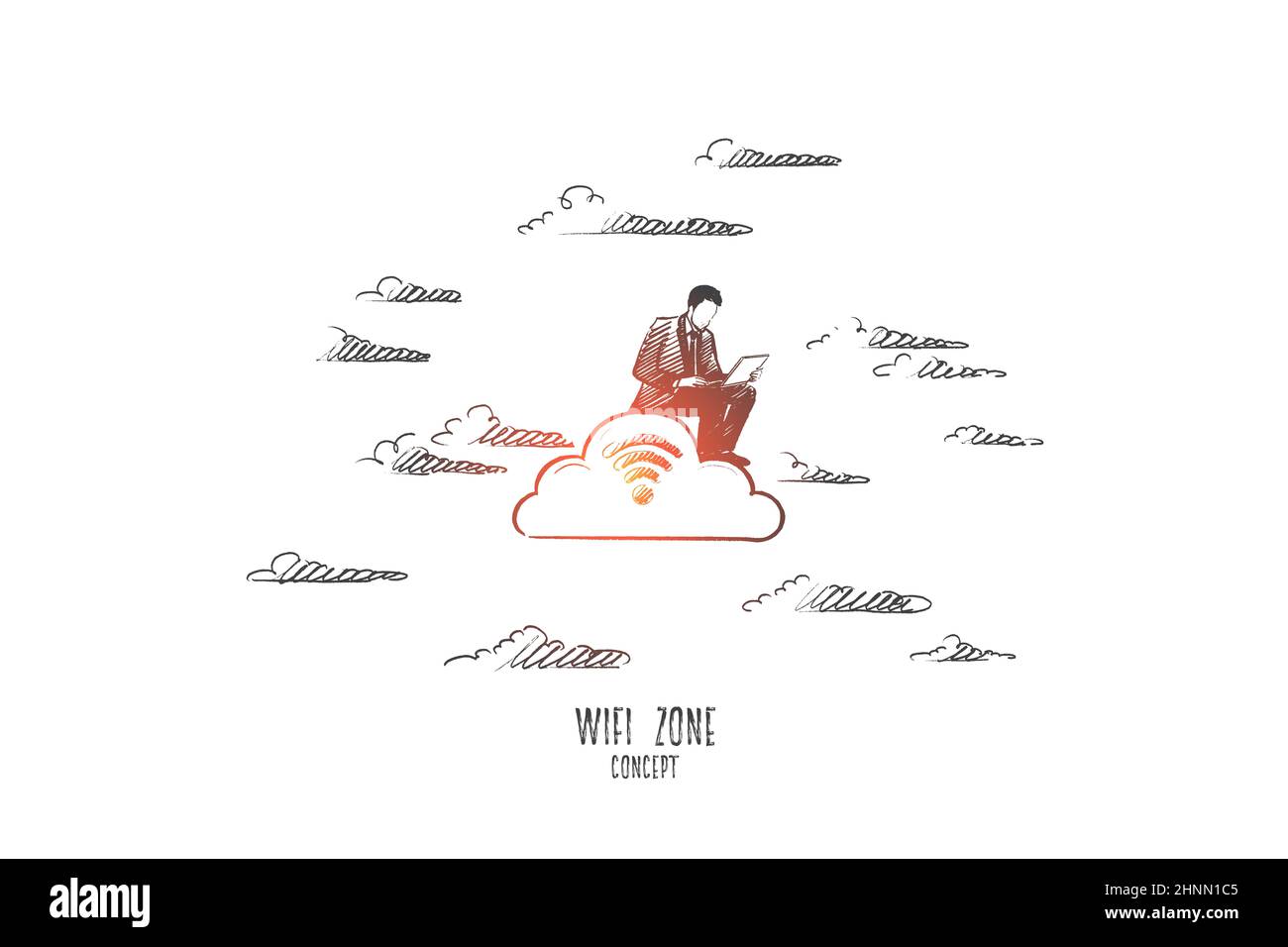 Wifi zone concept. Hand drawn man surfing internet through wi-fi ...
