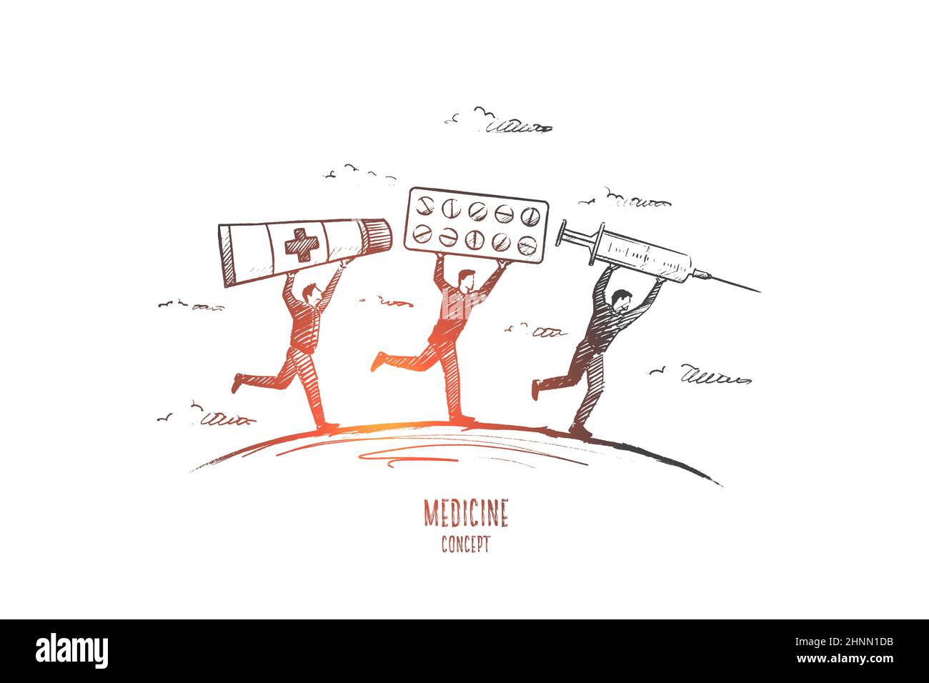 Medicine concept. Hand drawn people with pills and syringe. Persons ...