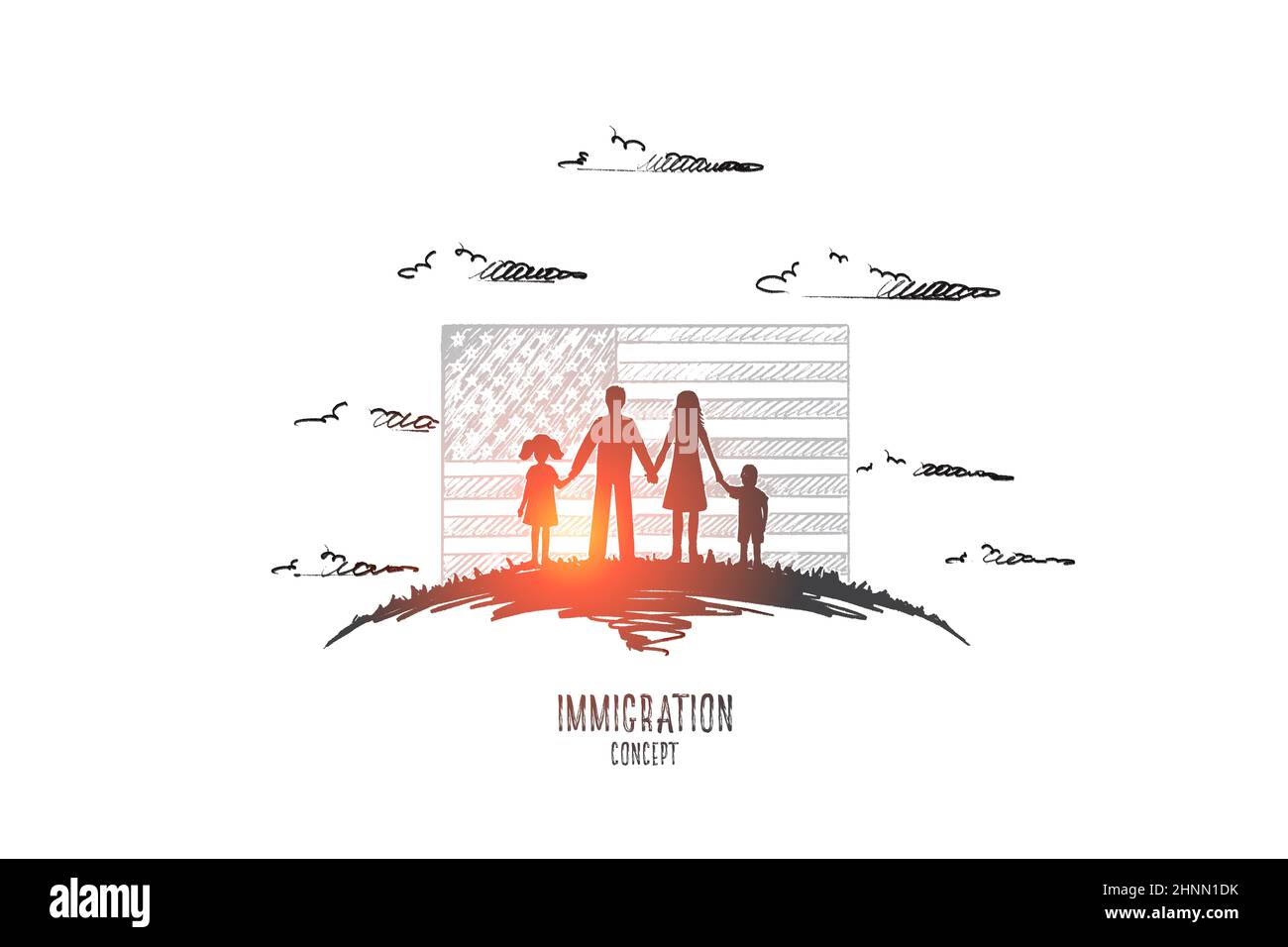 Immigration concept. Hand drawn family emigrates to united states ...