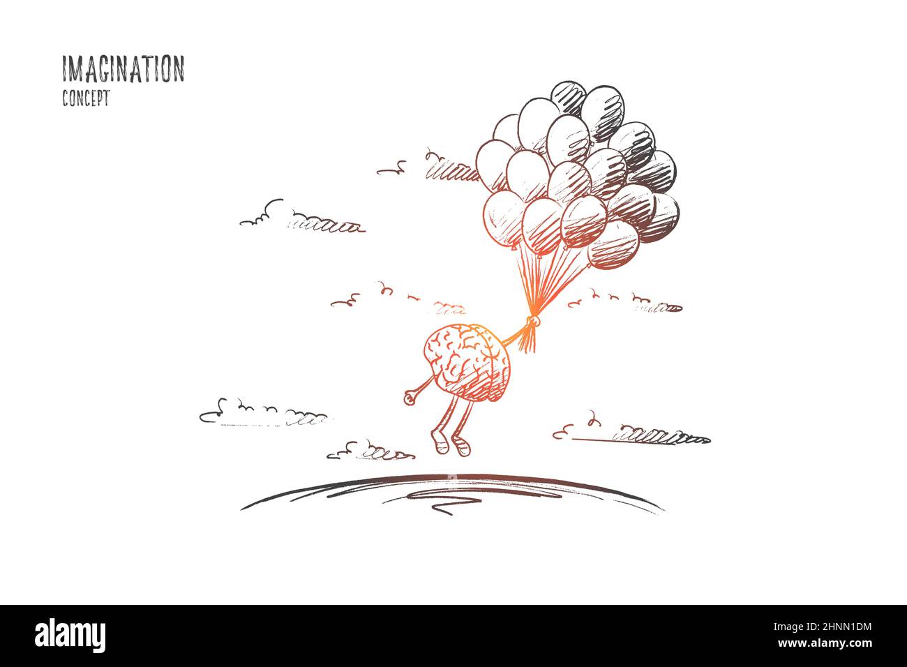 Imagination concept. Hand drawn brains flying with balloons. Flying ...