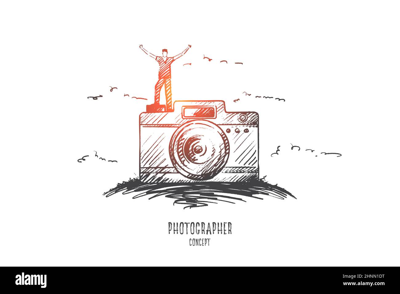 Photographer concept. Hand drawn male photographer standing on camera ...
