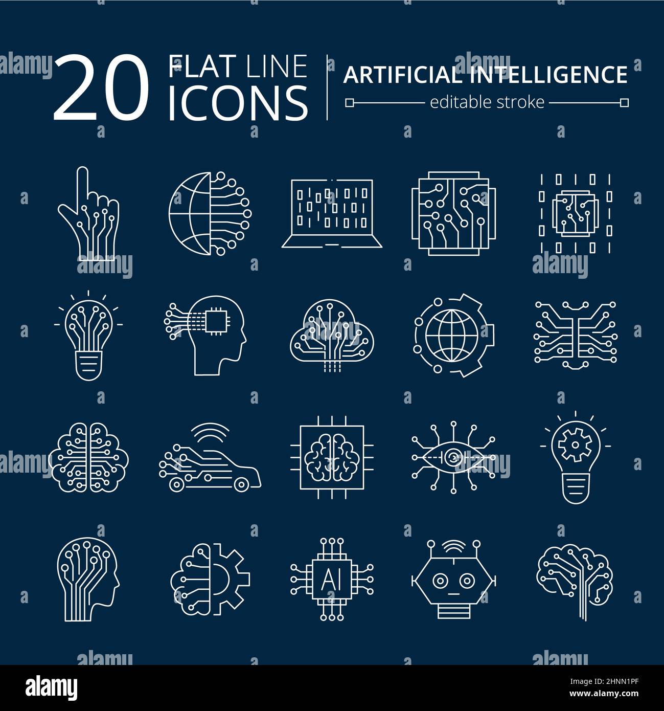 Artificial intelligence and machine learning line icon set. Simple thin outline pictogram ...