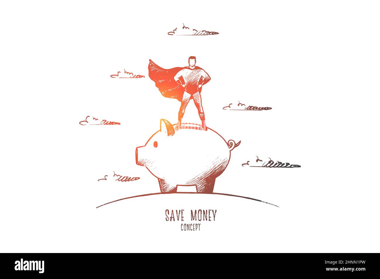 Save money concept. Hand drawn superhero standing on piggy bank ...
