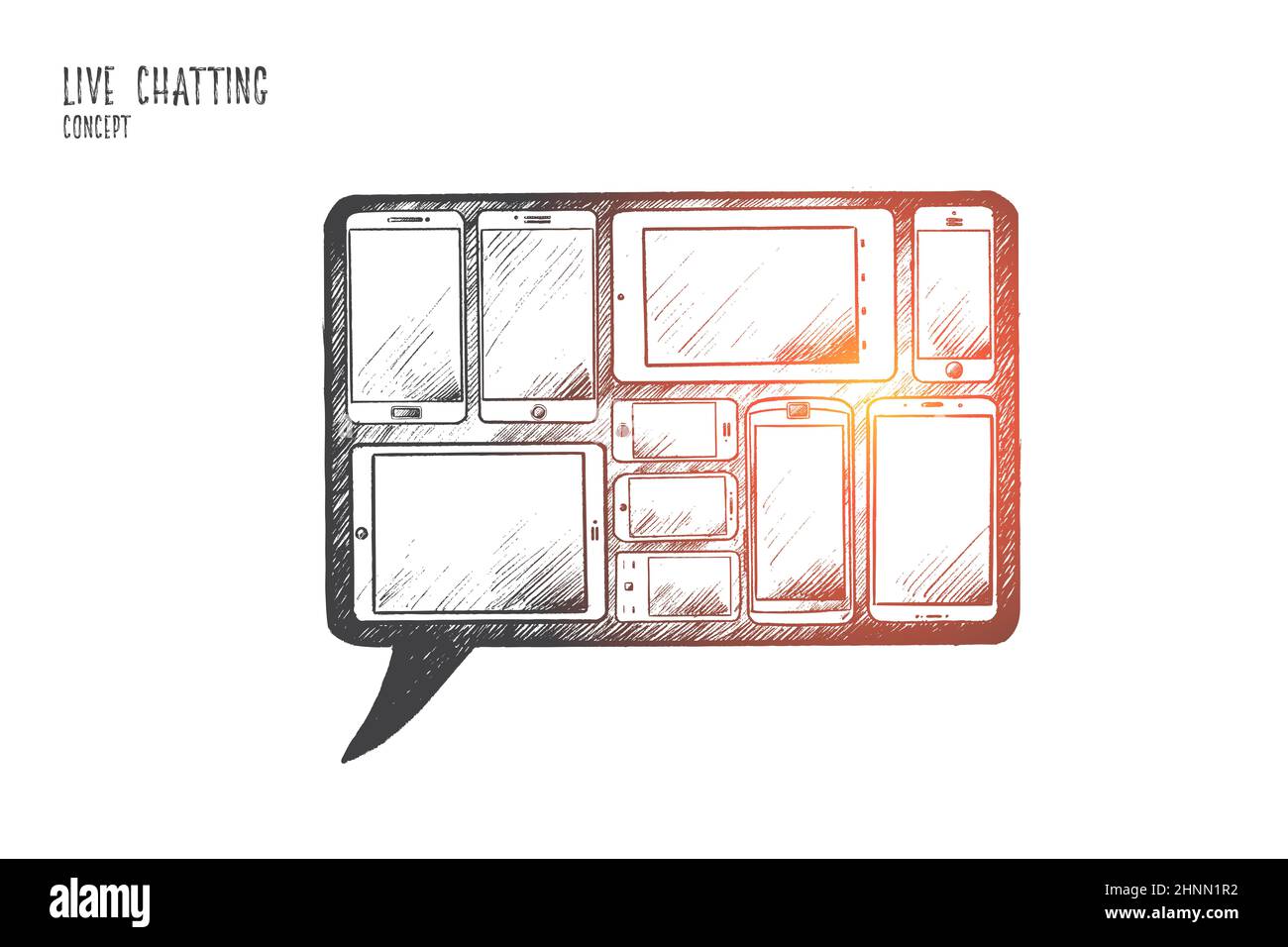 Live chatting concept. Hand drawn a lot of gadgets with screens ...