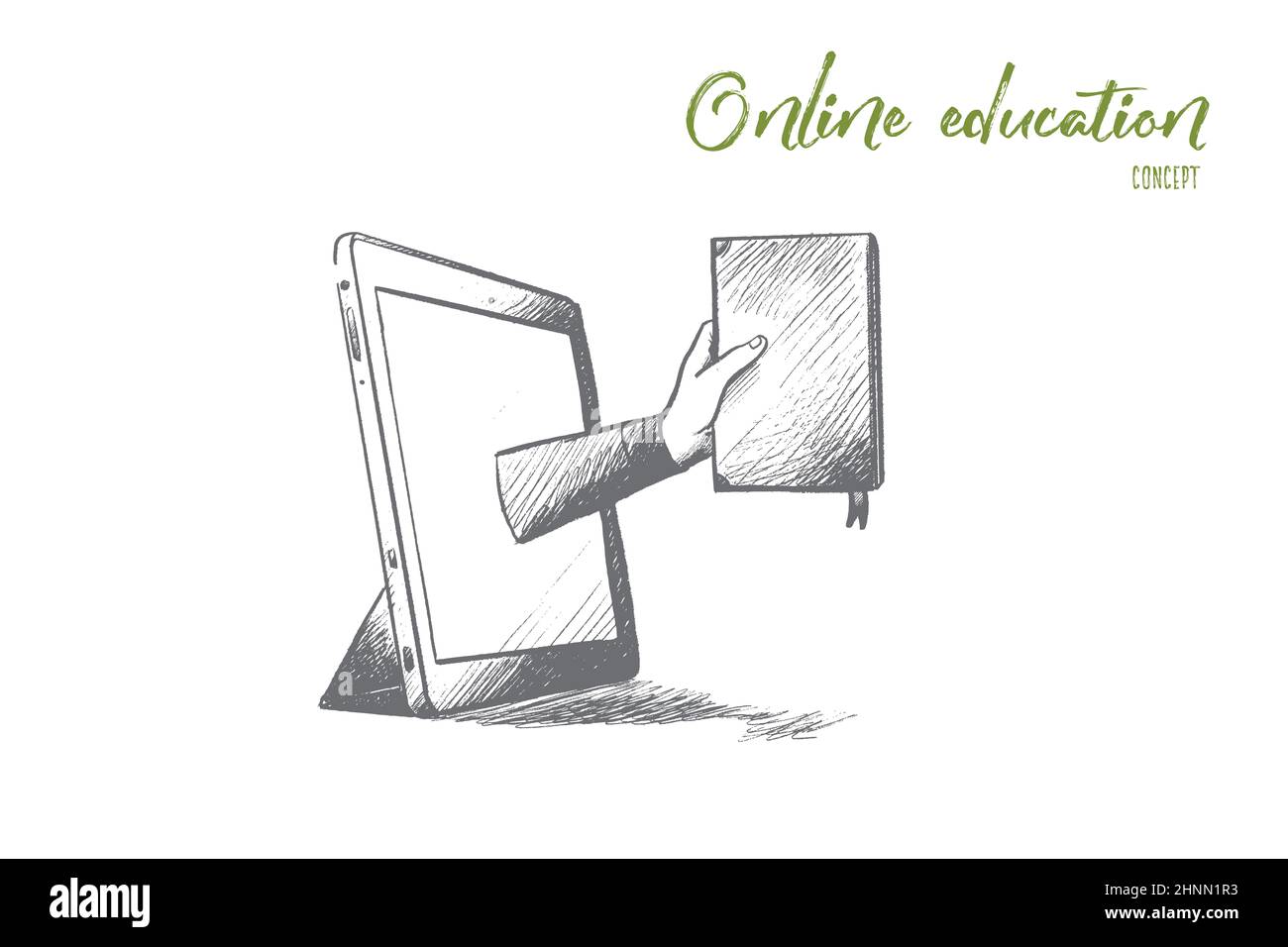 Online education concept. Hand drawn screen of tablet with book. Symbol ...