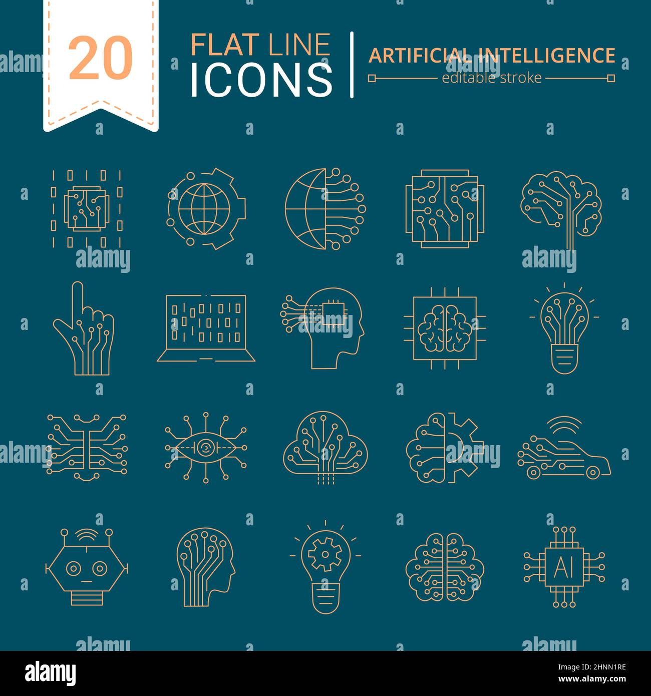 Artificial intelligence and machine learning line icon set. Simple thin ...