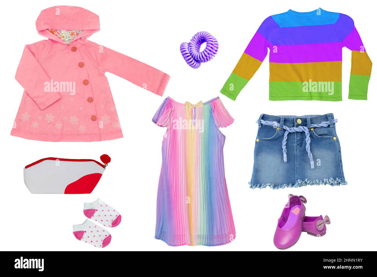 Collage set of little girls summer clothes isolated on a white ...