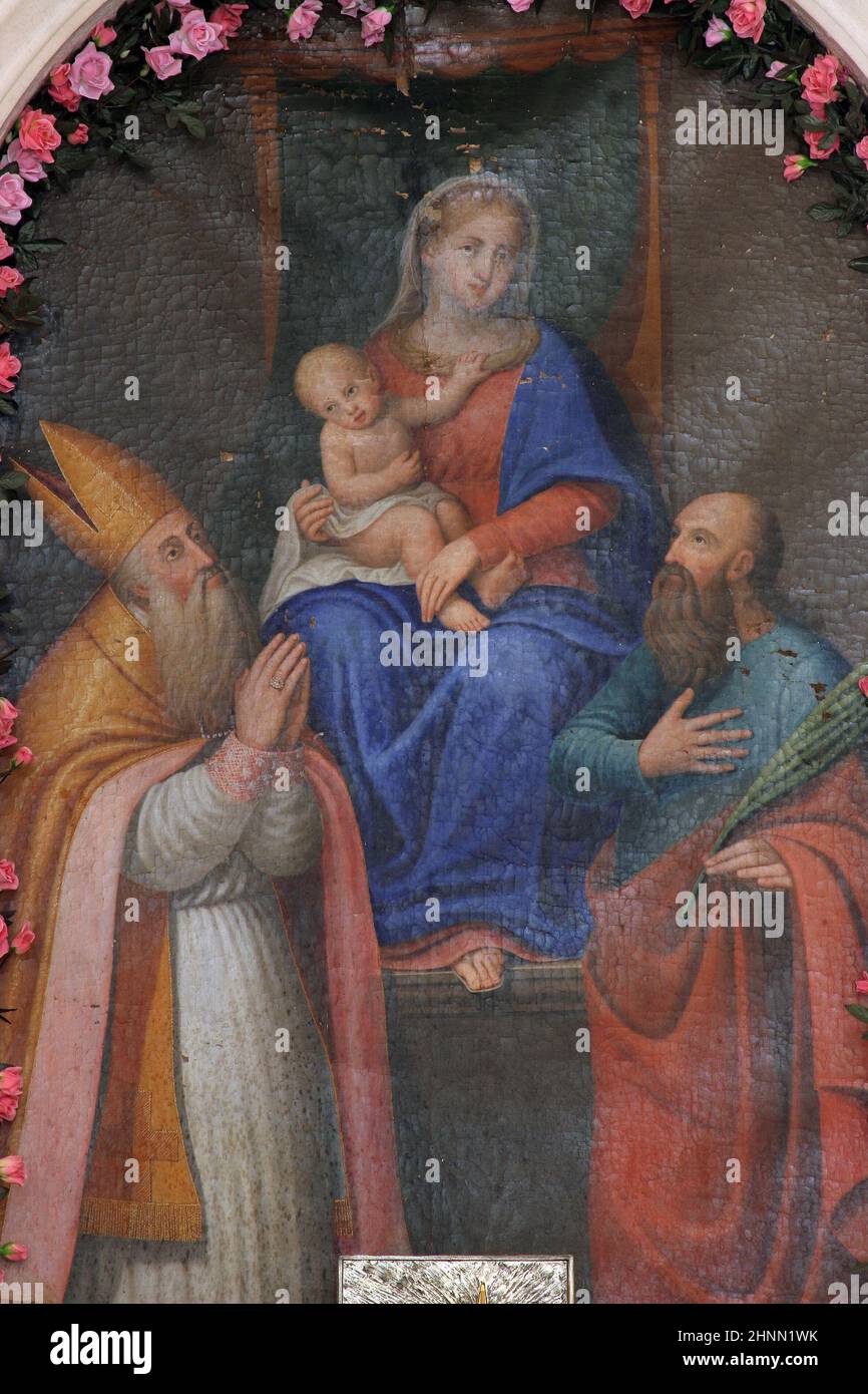 Our Lady of Health with baby Jesus and Saints, main altar in the Church ...