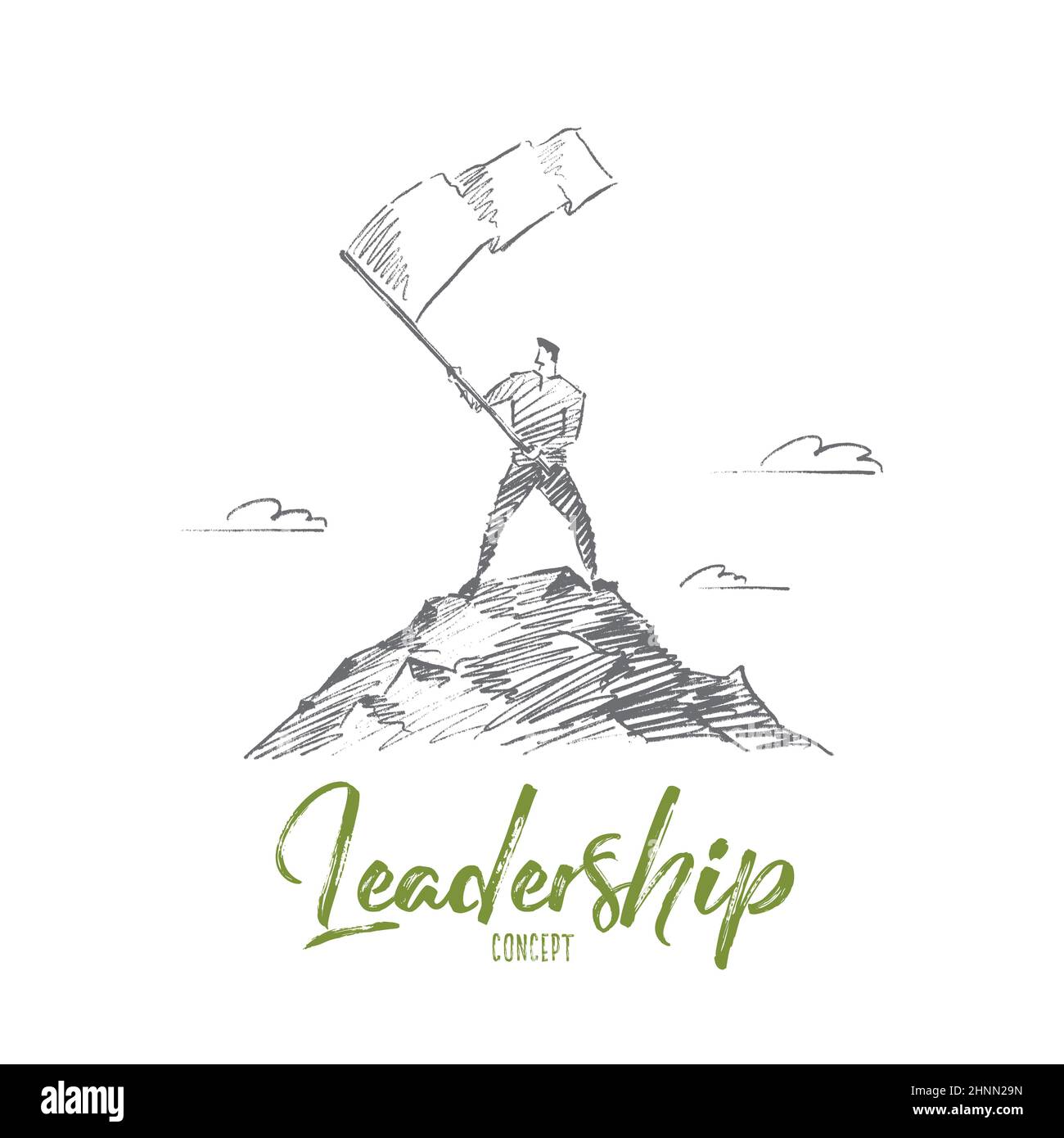 Vector hand drawn Leadership concept sketch. Man standing at top of ...