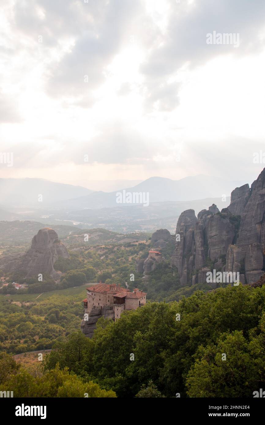 Monasteries built on cliffs, Meteora at sunset, Greece Stock Photo - Alamy