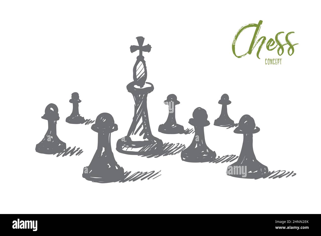 Vector hand drawn chess concept sketch. Chess king between many pawns ...