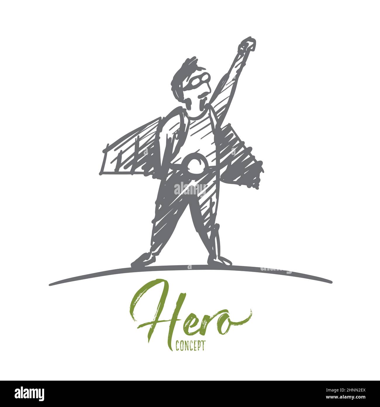 Vector hand drawn hero concept sketch. Man in pilot glasses and hero ...